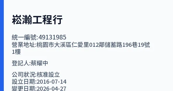 崧瀚工程行的照片-統編 49131985(桃園市) 公司登記資料與營業項目詳細圖表