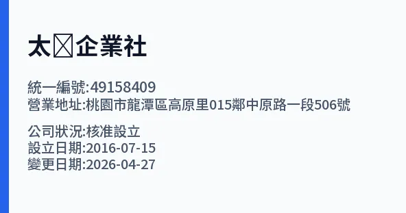 太䒩企業社的照片-統編 49158409(桃園市) 公司登記資料與營業項目詳細圖表