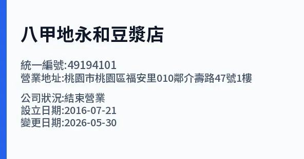 八甲地永和豆漿店的照片-統編 49194101(桃園市) 公司登記資料與營業項目詳細圖表