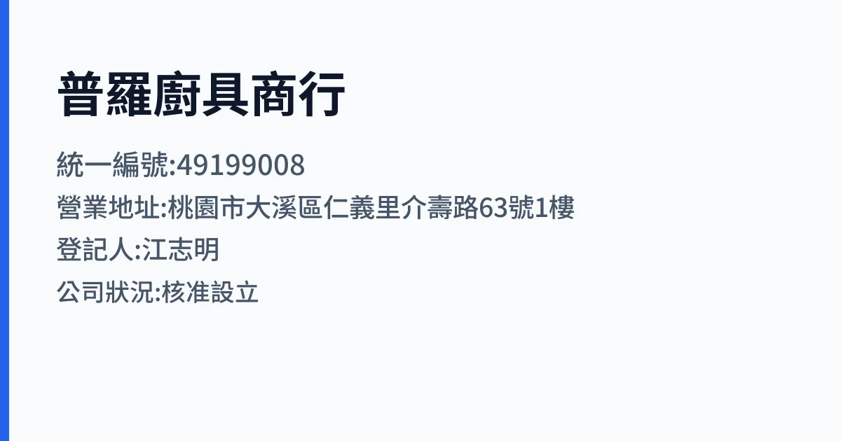 普羅廚具商行 - 統編 49199008(桃園市) 公司登記資料與營業項目詳細圖表
