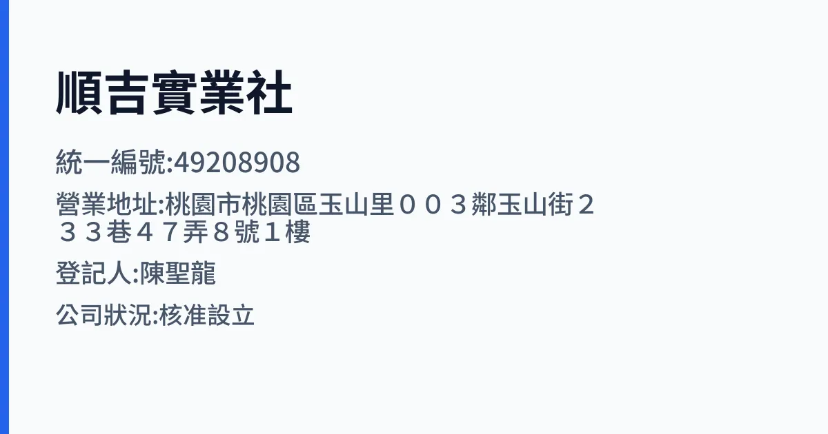 順吉實業社 - 統編 49208908(桃園市) 公司登記資料與營業項目詳細圖表