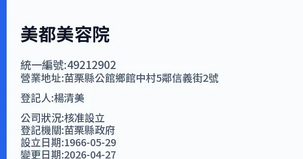 美都美容院的照片-統編 49212902(苗栗縣) 公司登記資料與營業項目詳細圖表