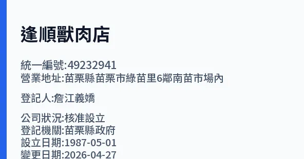逢順獸肉店的照片-統編 49232941(苗栗縣) 公司登記資料與營業項目詳細圖表