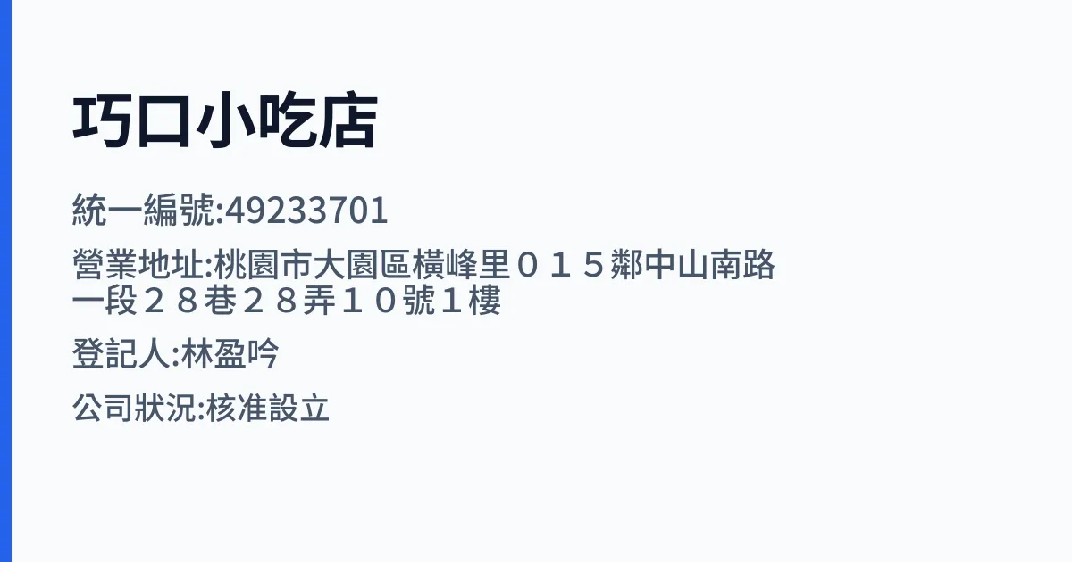 巧口小吃店 - 統編 49233701(桃園市) 公司登記資料與營業項目詳細圖表