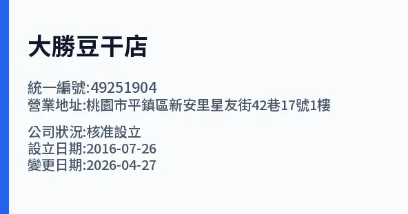 大勝豆干店的照片-統編 49251904(桃園市) 公司登記資料與營業項目詳細圖表