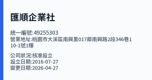 匯順企業社的照片-統編 49255303(桃園市) 公司登記資料與營業項目詳細圖表