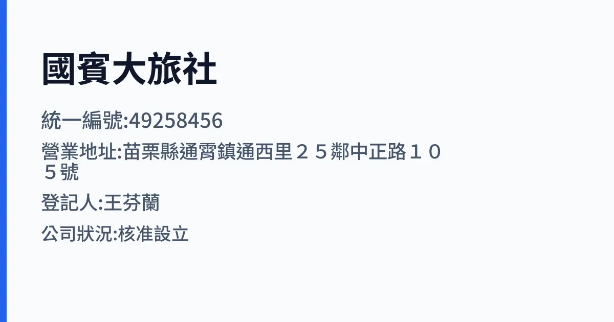 國賓大旅社 - 統編 49258456(苗栗縣) 公司登記資料與營業項目詳細圖表