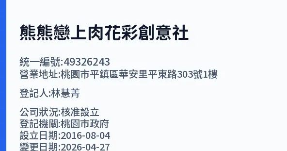 熊熊戀上肉花彩創意社的照片-統編 49326243(桃園市) 公司登記資料與營業項目詳細圖表