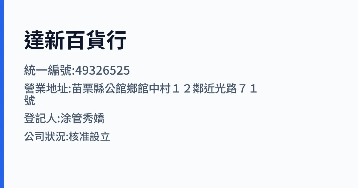 達新百貨行 - 統編 49326525(苗栗縣) 公司登記資料與營業項目詳細圖表