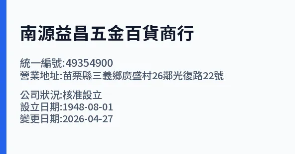 南源益昌五金百貨商行的照片-統編 49354900(苗栗縣) 公司登記資料與營業項目詳細圖表