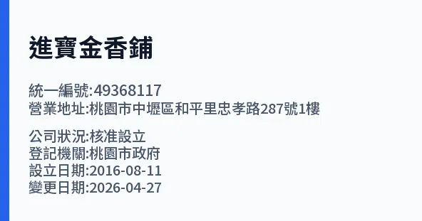 進寶金香鋪的照片-統編 49368117(桃園市) 公司登記資料與營業項目詳細圖表