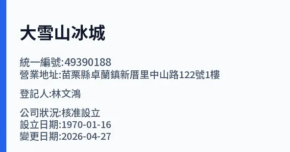大雪山冰城的照片-統編 49390188(苗栗縣) 公司登記資料與營業項目詳細圖表