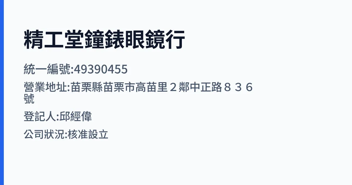 精工堂鐘錶眼鏡行 - 統編 49390455(苗栗縣) 公司登記資料與營業項目詳細圖表