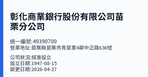 彰化商業銀行股份有限公司苗栗分公司的照片-統編 49390700(苗栗縣) 公司登記資料與營業項目詳細圖表