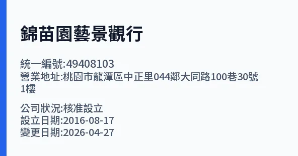 錦苗園藝景觀行的照片-統編 49408103(桃園市) 公司登記資料與營業項目詳細圖表