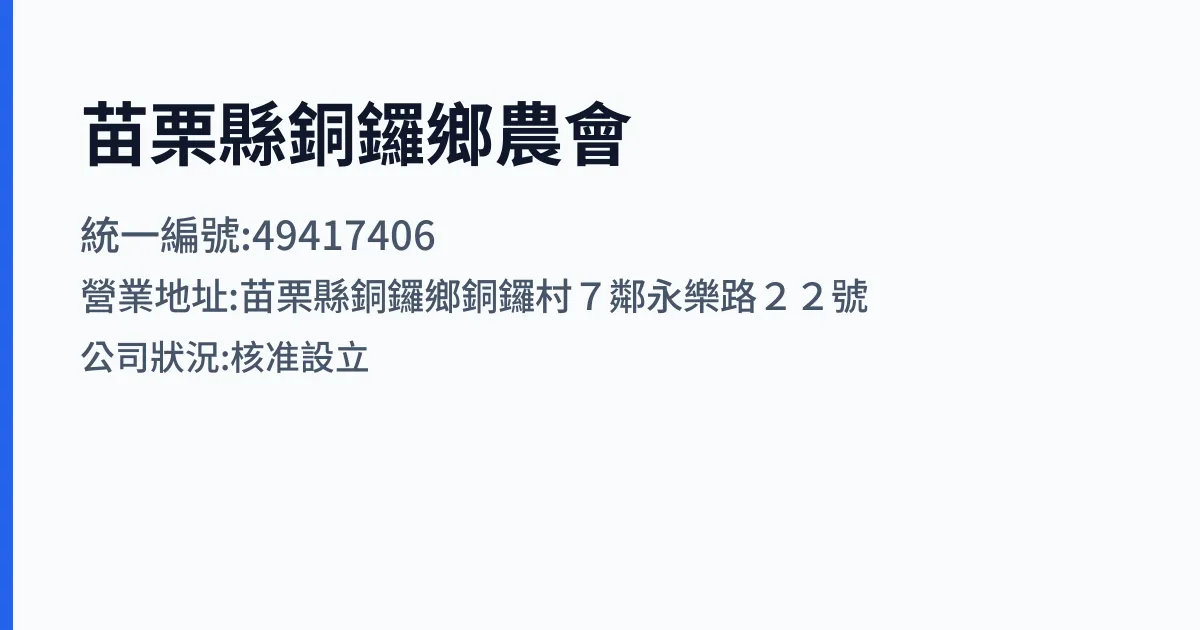 苗栗縣銅鑼鄉農會 - 統編 49417406(苗栗縣) 公司登記資料與營業項目詳細圖表