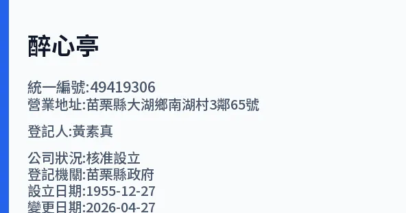 醉心亭的照片-統編 49419306(苗栗縣) 公司登記資料與營業項目詳細圖表