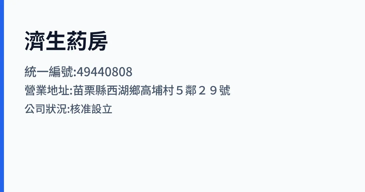 濟生葯房 - 統編 49440808(苗栗縣) 公司登記資料與營業項目詳細圖表