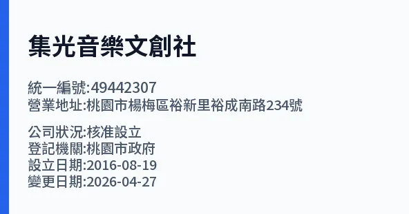 集光音樂文創社的照片-統編 49442307(桃園市) 公司登記資料與營業項目詳細圖表