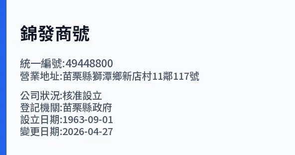 錦發商號的照片-統編 49448800(苗栗縣) 公司登記資料與營業項目詳細圖表