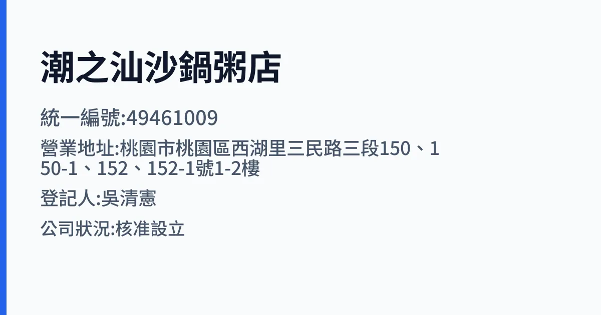 潮之汕沙鍋粥店 - 統編 49461009(桃園市) 公司登記資料與營業項目詳細圖表