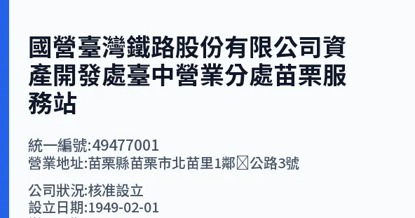 國營臺灣鐵路股份有限公司資產開發處臺中營業分處苗栗服務站的照片-統編 49477001(苗栗縣) 公司登記資料與營業項目詳細圖表