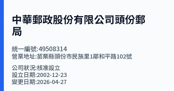 中華郵政股份有限公司頭份郵局的照片-統編 49508314(苗栗縣) 公司登記資料與營業項目詳細圖表