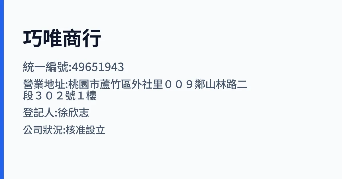 巧唯商行 - 統編 49651943(桃園市) 公司登記資料與營業項目詳細圖表