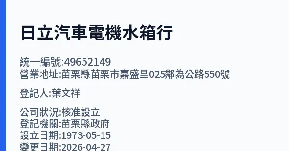 日立汽車電機水箱行的照片-統編 49652149(苗栗縣) 公司登記資料與營業項目詳細圖表
