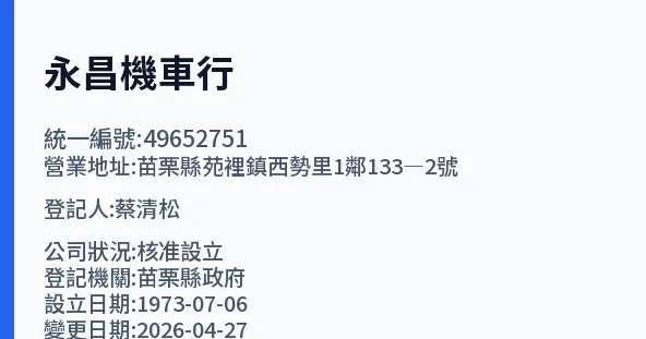 永昌機車行的照片-統編 49652751(苗栗縣) 公司登記資料與營業項目詳細圖表