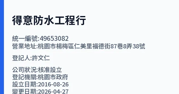 得意防水工程行的照片-統編 49653082(桃園市) 公司登記資料與營業項目詳細圖表