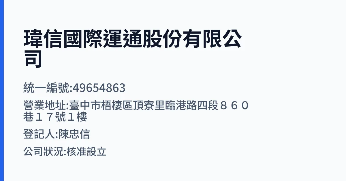 瑋信國際運通股份有限公司 - 統編 49654863(臺中市) 公司登記資料與營業項目詳細圖表