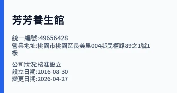 芳芳養生館的照片-統編 49656428(桃園市) 公司登記資料與營業項目詳細圖表