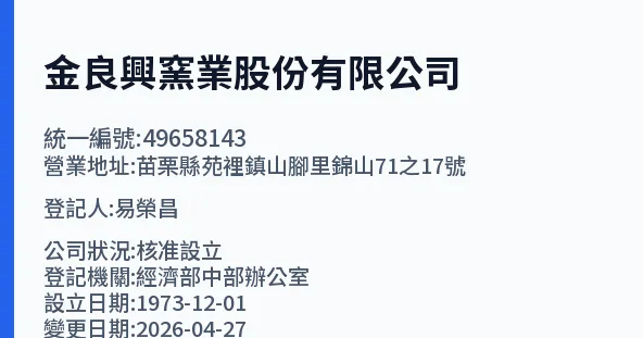 金良興窯業股份有限公司的照片-統編 49658143(苗栗縣) 公司登記資料與營業項目詳細圖表