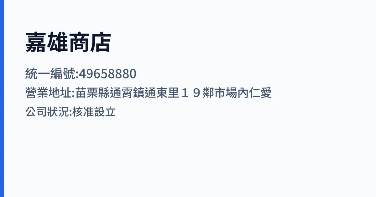 嘉雄商店 - 統編 49658880(苗栗縣) 公司登記資料與營業項目詳細圖表