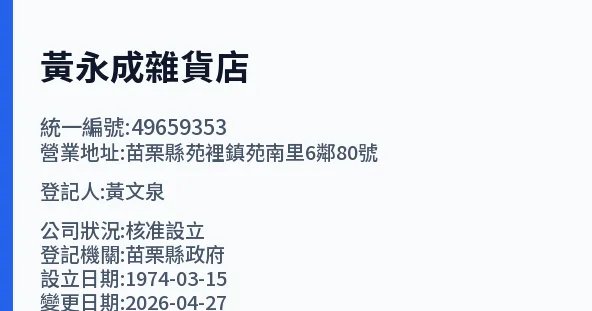 黃永成雜貨店的照片-統編 49659353(苗栗縣) 公司登記資料與營業項目詳細圖表