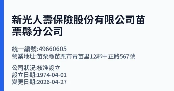 新光人壽保險股份有限公司苗栗縣分公司的照片-統編 49660605(苗栗縣) 公司登記資料與營業項目詳細圖表