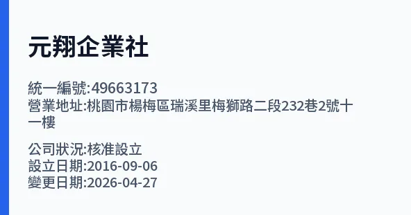 元翔企業社的照片-統編 49663173(桃園市) 公司登記資料與營業項目詳細圖表