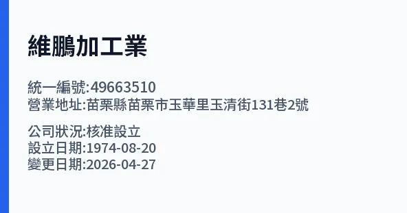 維鵬加工業的照片-統編 49663510(苗栗縣) 公司登記資料與營業項目詳細圖表