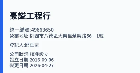豪謚工程行的照片-統編 49663650(桃園市) 公司登記資料與營業項目詳細圖表