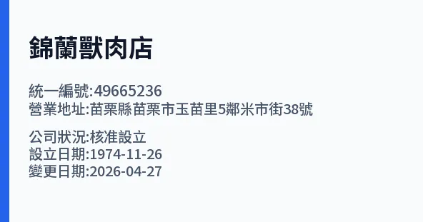 錦蘭獸肉店的照片-統編 49665236(苗栗縣) 公司登記資料與營業項目詳細圖表