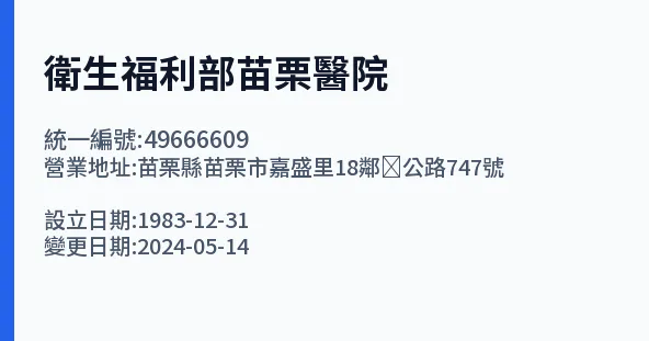 衛生福利部苗栗醫院的照片-統編 49666609(苗栗縣) 公司登記資料與營業項目詳細圖表