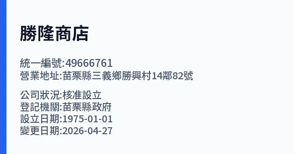 勝隆商店的照片-統編 49666761(苗栗縣) 公司登記資料與營業項目詳細圖表