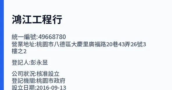 鴻江工程行的照片-統編 49668780(桃園市) 公司登記資料與營業項目詳細圖表