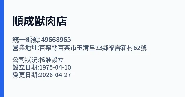順成獸肉店的照片-統編 49668965(苗栗縣) 公司登記資料與營業項目詳細圖表