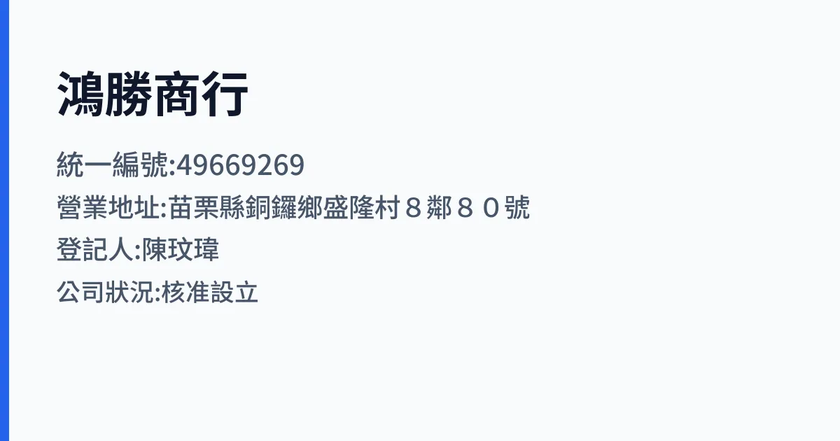 鴻勝商行 - 統編 49669269(苗栗縣) 公司登記資料與營業項目詳細圖表