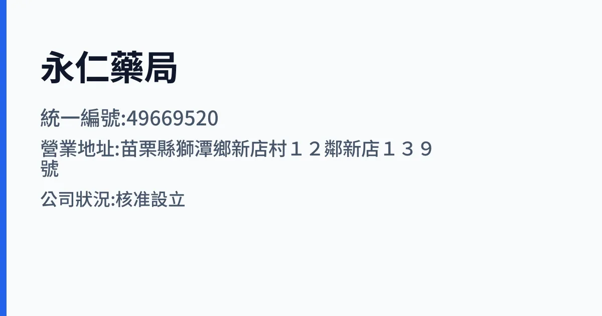 永仁藥局 - 統編 49669520(苗栗縣) 公司登記資料與營業項目詳細圖表
