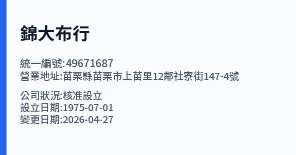 錦大布行的照片-統編 49671687(苗栗縣) 公司登記資料與營業項目詳細圖表