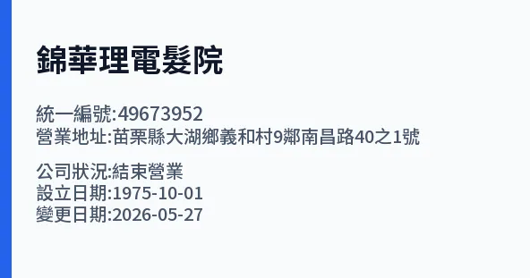 錦華理電髮院的照片-統編 49673952(苗栗縣) 公司登記資料與營業項目詳細圖表
