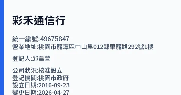 彩禾通信行的照片-統編 49675847(桃園市) 公司登記資料與營業項目詳細圖表